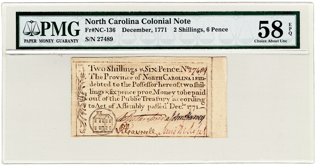 Colonial Note - North Carolina, Two Shillings Six Pence, December, 1771 ...
