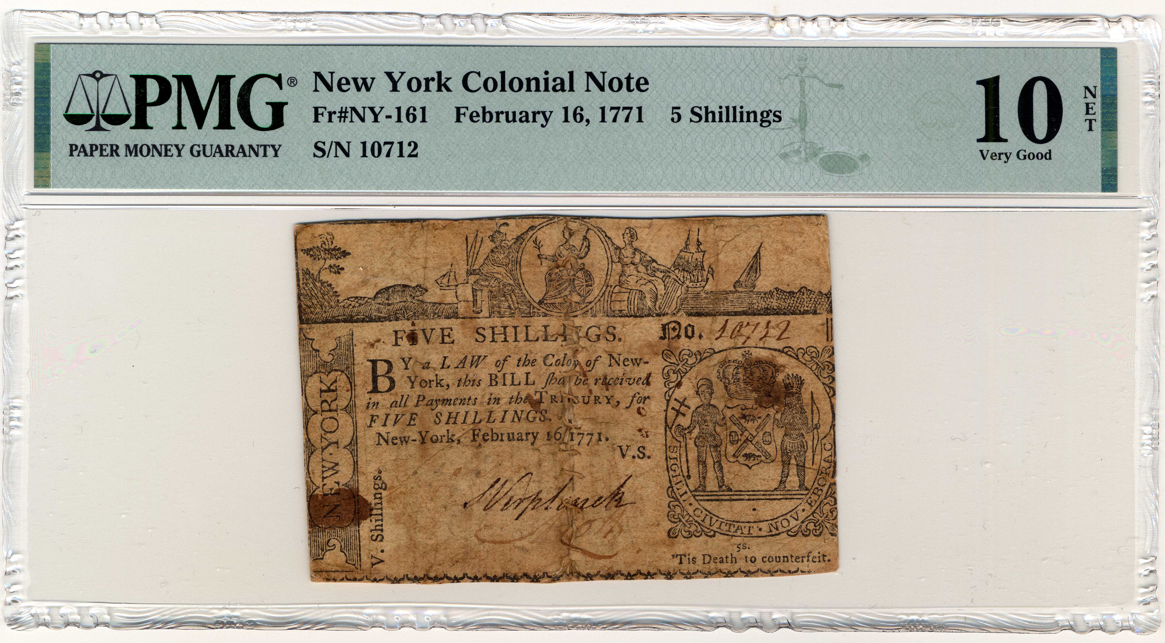 Colonial Currency Note - New York One Pound, February 16, 1771, Scarce