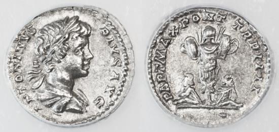 Caracalla AR Denarius, ICG Encapsulated AU 53, Circa. 201 C.E.