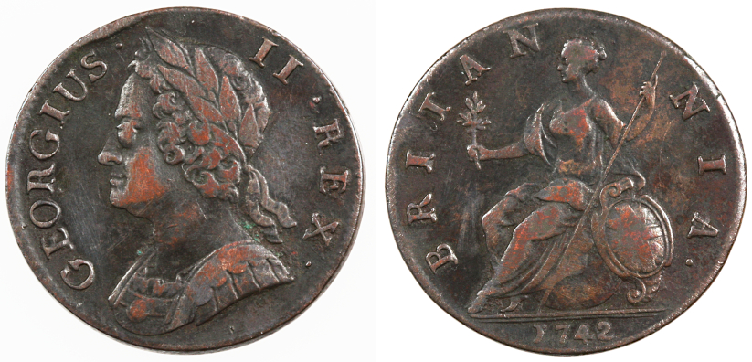 King George II Half Penny, Great Britian, VF, Scarce 1742/40 overstrike