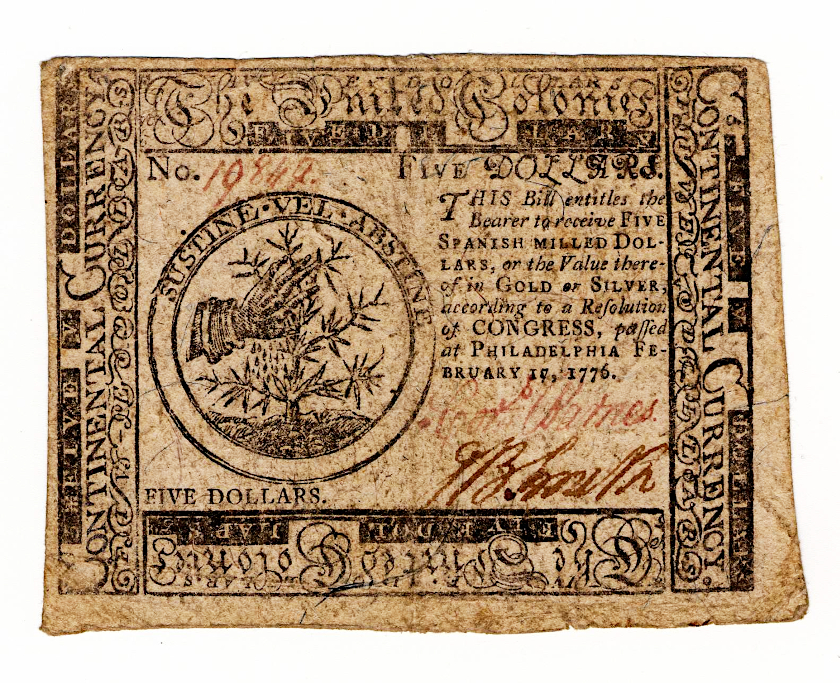 Continental Currency, Five Dollars, Nice VF, Signed by Jonathan Bayard ...