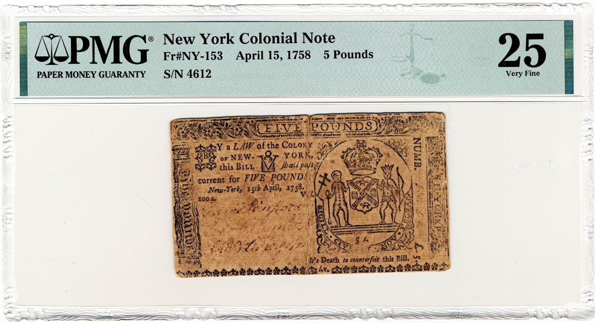 Colonial Note - New York Five Pounds, April 15 1758, PMG Very Fine, RARE!