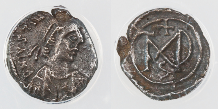 Justinian I AR Half Siliqua, RARE, ANACS encapsulated VF 30, Carthage ...