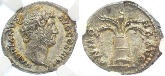 Hadrian AR Denarius, NGC AU, FINE STYLE, toned, 134 - 138 C.E.
