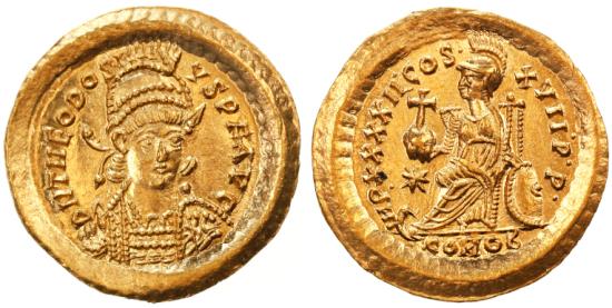 Theodosius II AV Gold Solidus, Choice MINT State, 443 - 450 C.E. - Video