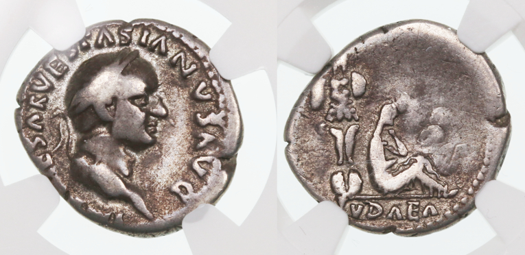 Vespasian IVDAEA AR Denarius, Judaea Capta, NGC Choice Fine, 69/70 C.E.