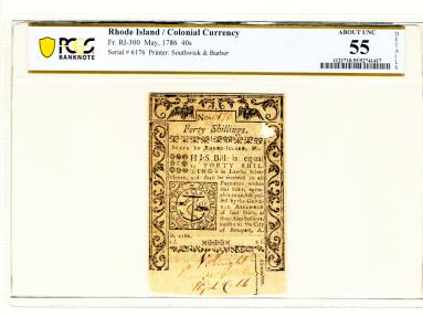 Colonial Note - Rhode Island Forty Shillings / Two Pounds, May, 1786 ...