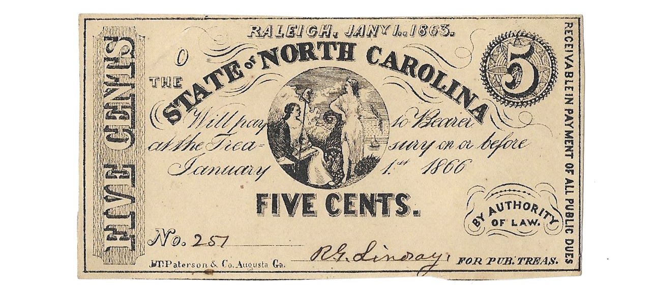 State of North Carolina, January 1, 1863, 5 Cents, Cr. 148 | US Paper Money