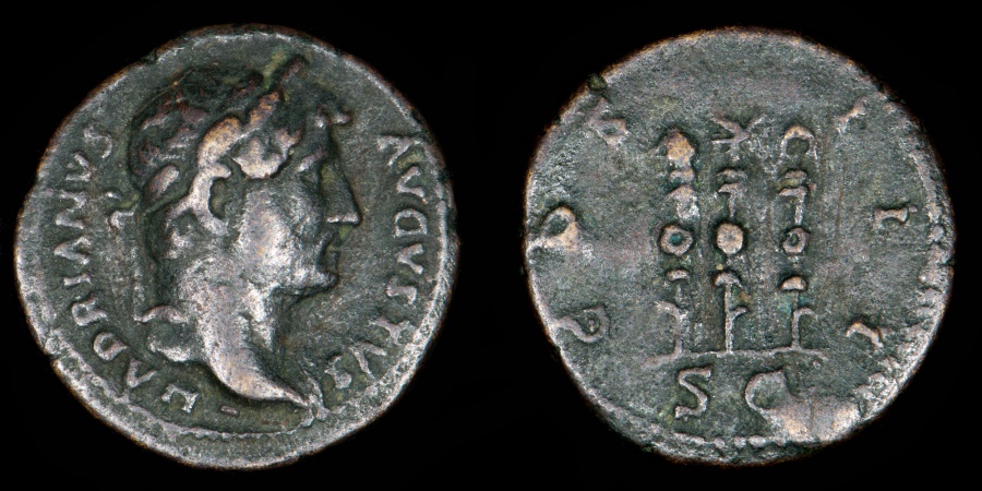 ROMAN EMPIRE – Hadrian Quadrans RIC 689, three standards reverse, 125 ...