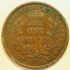Essequibo & Demerary Copper Stiver 1813 | South American Coins