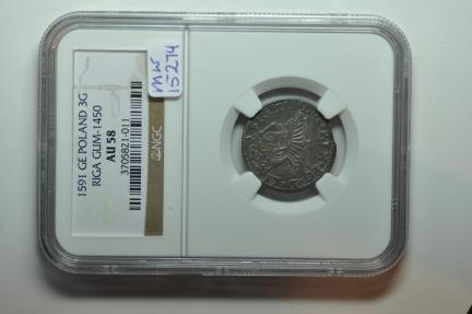 Poland Riga; Silver 3 Grossus 1591 NGC AU58 | European Coins