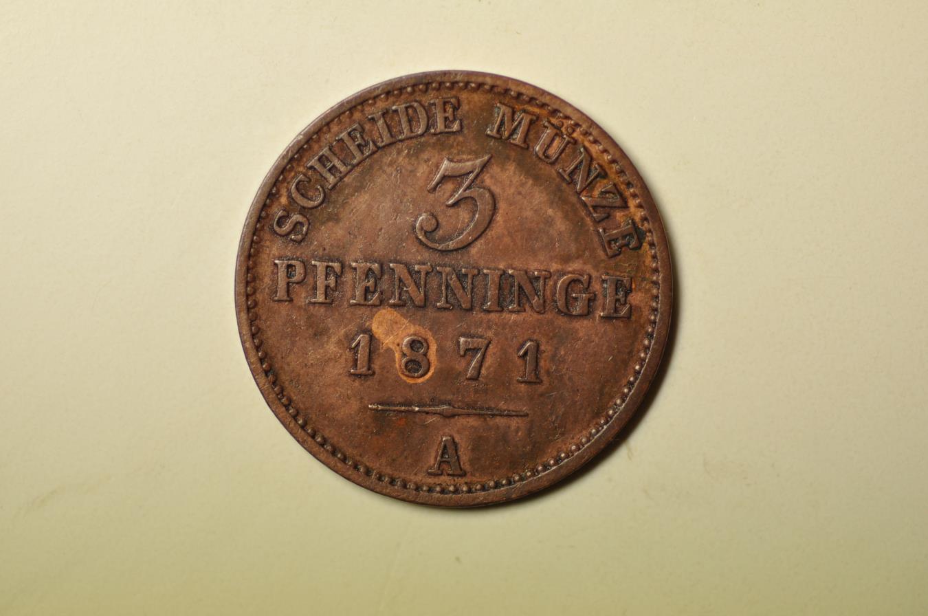 Germany Prussia; 3 Pfennig 1871-A XF+ | European Coins