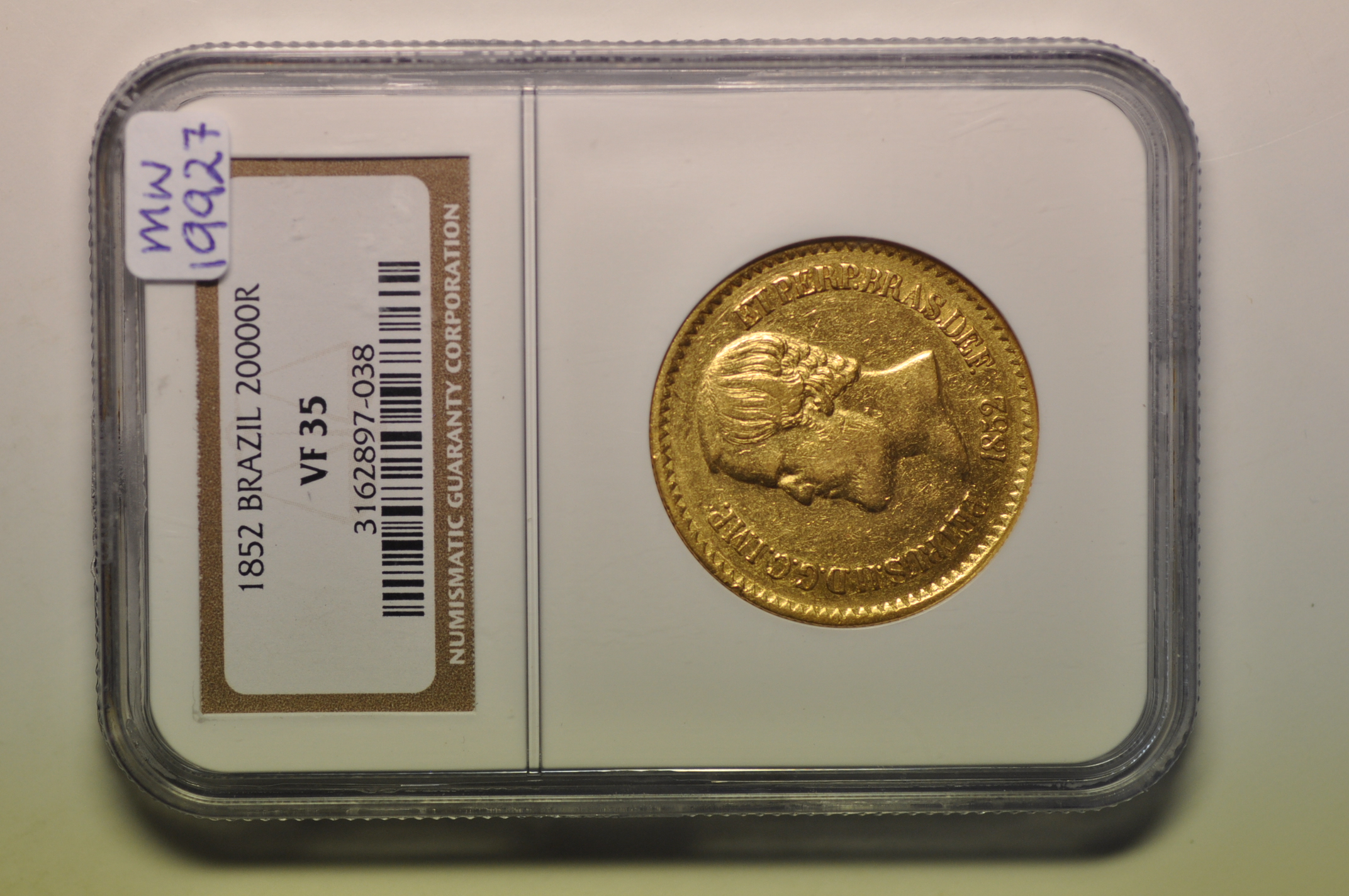 Brazil; Gold 20000 Reis 1852 NGC VF35 | South American Coins