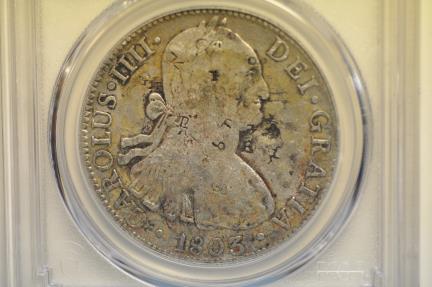 Mexico; Silver 8 Reales 1803-Mo FT PCGS VF details Chinese Chop Marks
