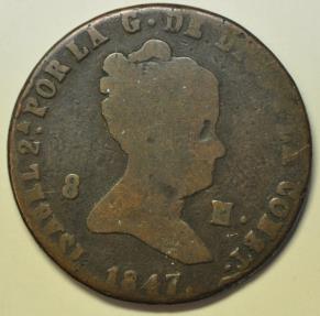 Spain Copper 8 Maravedis 1847 | European Coins