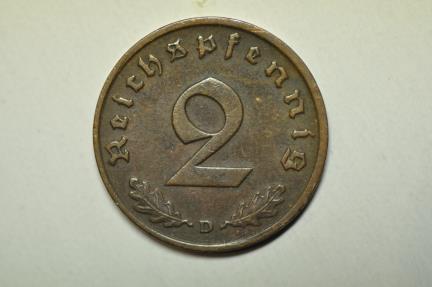 Germany Third Reich; Bronze 2 Reichspfennig 1939-D | European Coins