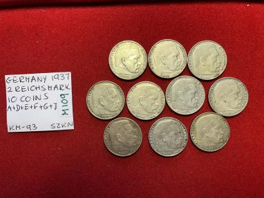 Germany Third Reich; Lot 0f 10 Coins - Silver 2 Reichsmark 1937 A+D+E+F+G+J
