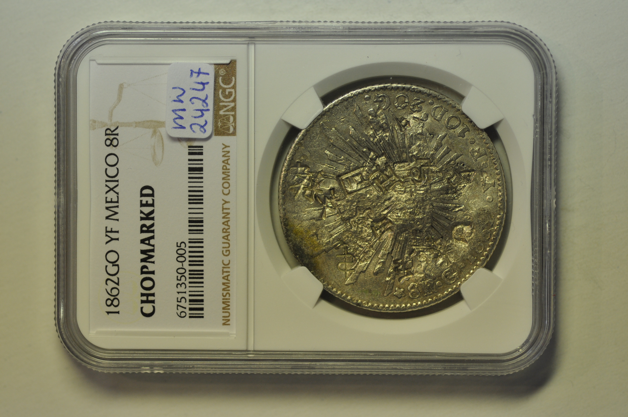 Mexico; Silver 8 Reales 1862-Go YF NGC Chopmarked - Nice Chinese C/S