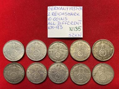 Germany; Lot of 10 Silver 2 Reichsmark 1937, 1938 & 1939 All Different