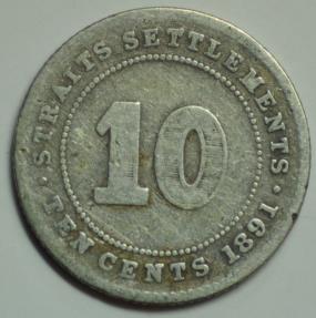 Straits Settlements; Silver 10 Cents 1891 | Asian and Middle Eastern Coins