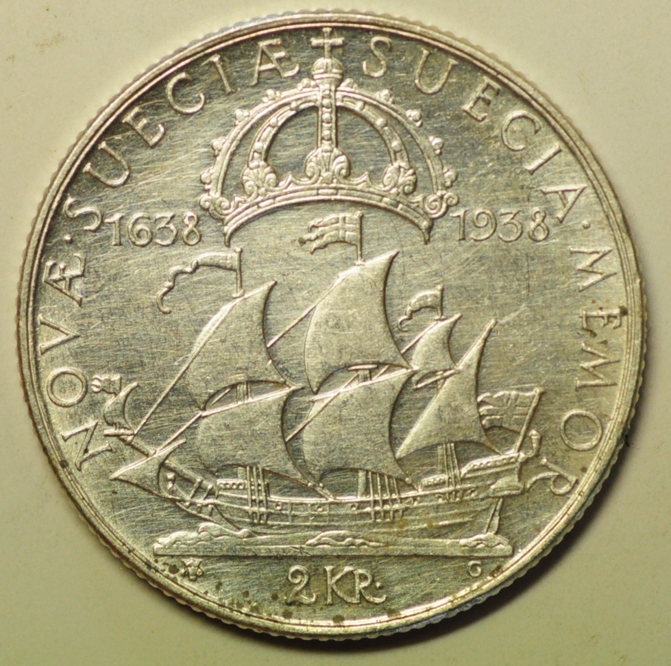 Sweden Silver 2 Kroner 1938 G Settlement of Delaware - 300th Anniversary