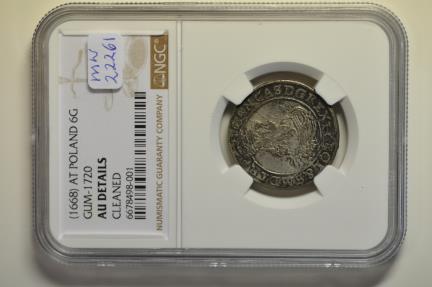 Poland; Silver 6 Groszy 1668 NGC AU Details | European Coins