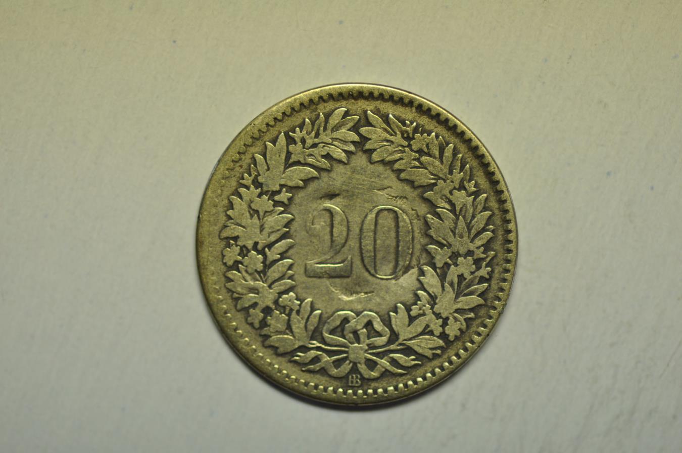 Switzerland; 20 Rappen 1850-BB | European Coins