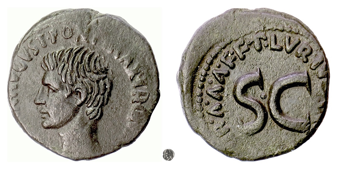 AUGUSTUS. AE As, Rome mint; P. Lurius Agrippa, moneyer. Struck 7 BC