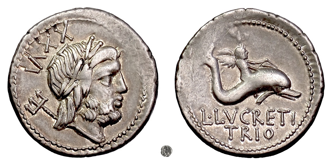 Roman Republic, Lucretius Trio. AR Denarius, Rome mint, 74 BC. Neptune ...