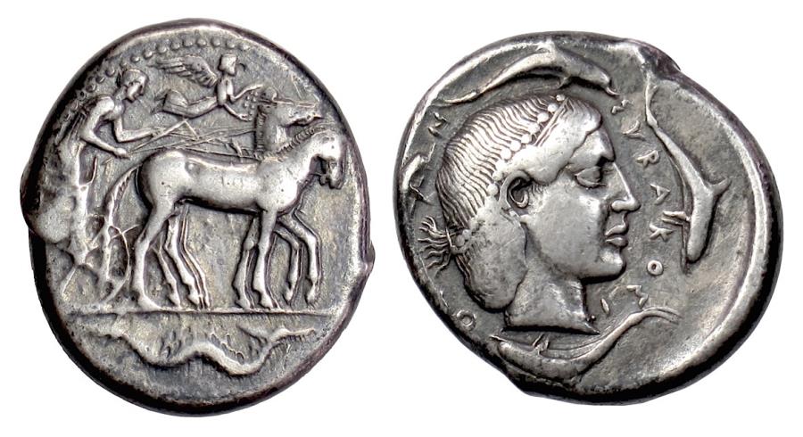 SICILY, Syracuse. AR Tetradrachm, struck circa 466-460 BC. Charioteer ...