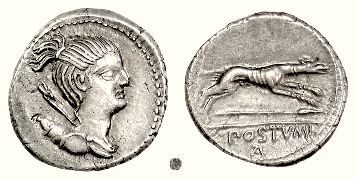 Roman Republic , C. Postumius. AR Denarius, Rome mint, 73 BC. Diana / Hound