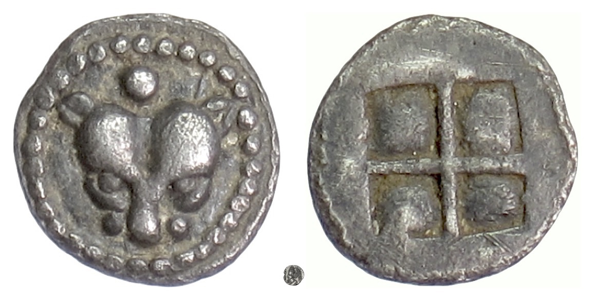 MACEDON, Akanthos. AR obol, circa 500-470 BC. Facing lion head