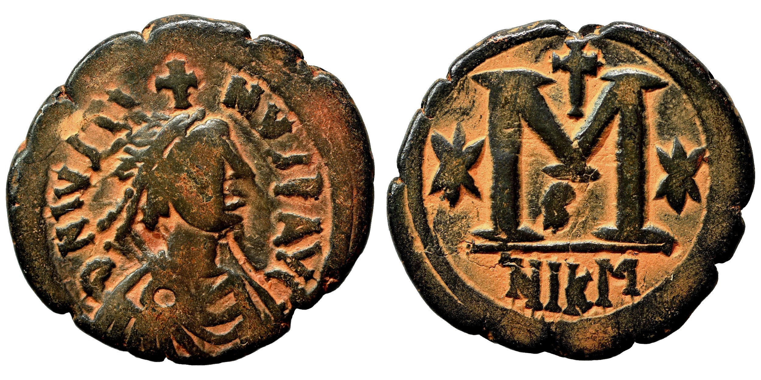 JUSTIN I AE Follis. VF+. Nicomedia mint. AD 518-527. | Byzantine Coins