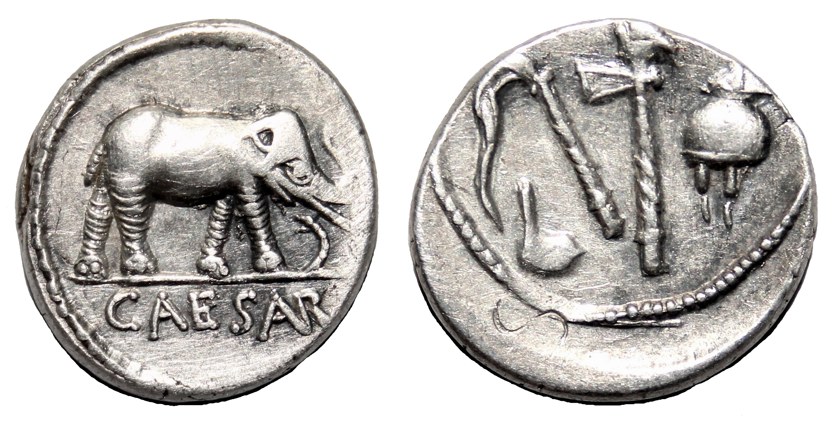JULIUS CAESAR AR Denarius. EF-. 49-48 BC. Elephant - Priest Tools.