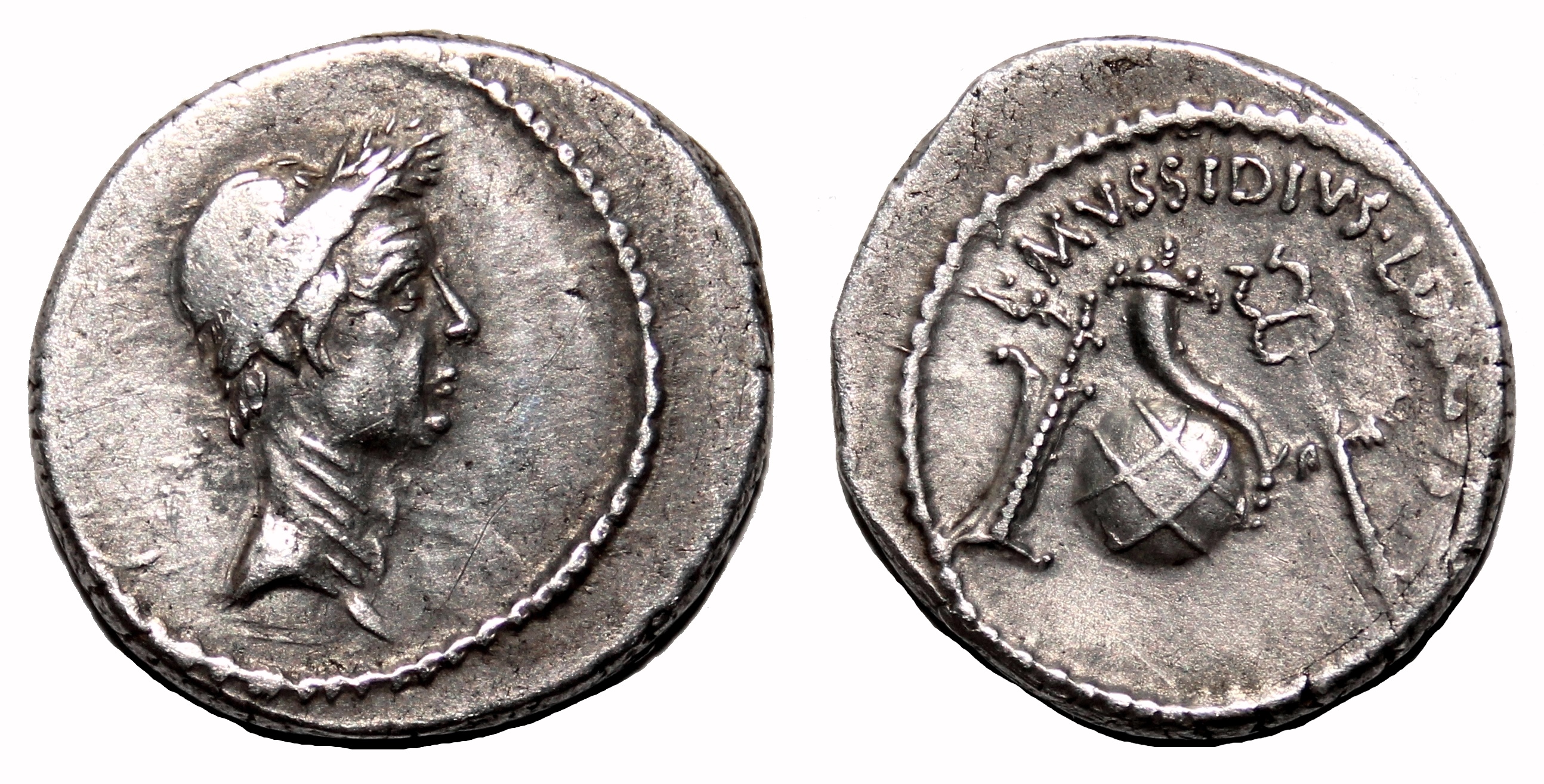 JULIUS CAESAR AR Denarius. EF-. 42 BC. L. Mussidius Longus, moneyer.