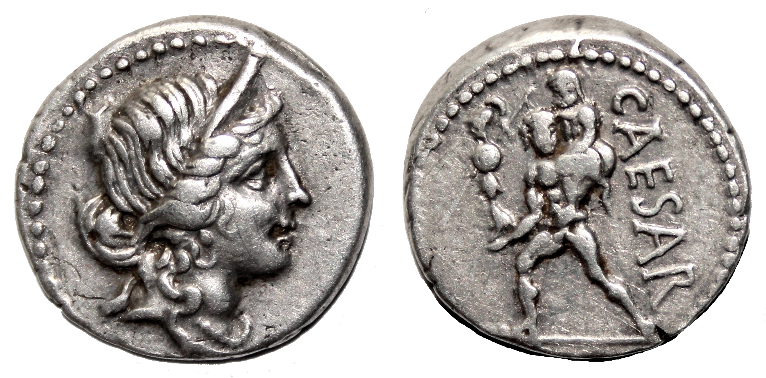 JULIUS CAESAR AR Denarius. EF-/VF+. Aeneas. | Roman Imperatorial Coins