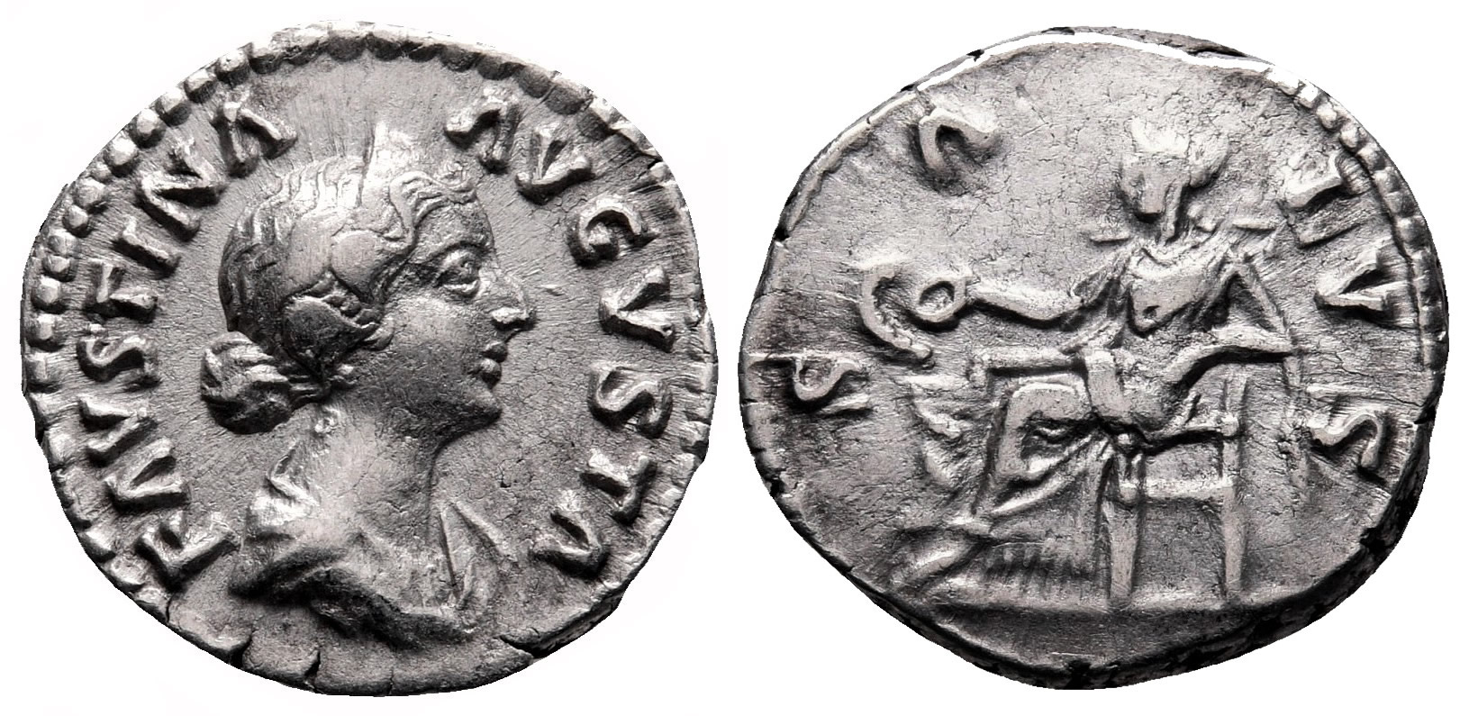 FAUSTINA II Minor AR Denarius. EF-/VF+. The health. | Roman Imperial Coins
