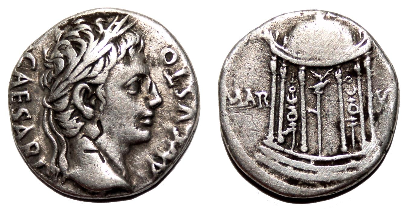 AUGUSTUS AR Denarius. VF+/VF. Colonia Patricia mint. Temple. | Roman ...