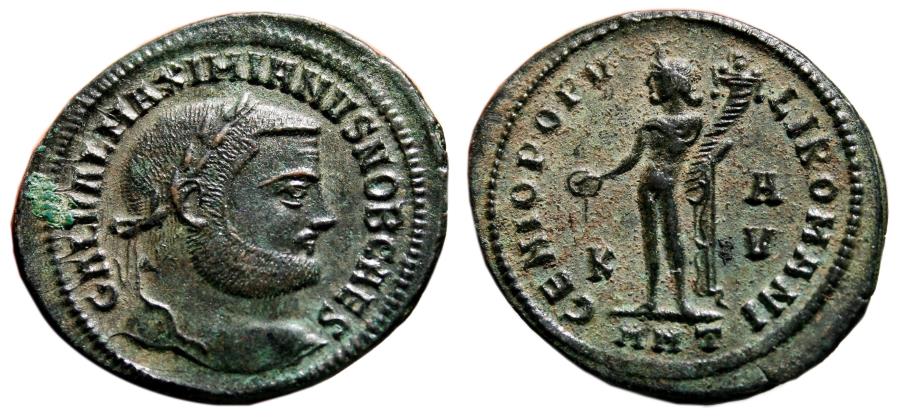 GALERIUS MAXIMIANUS AE Follis. EF+. Antioch mint. GENIO POPVLI ROMANI.