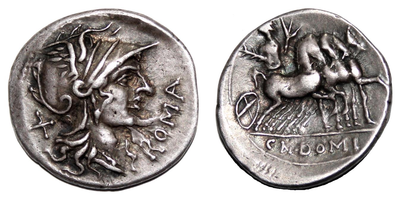 Cn. Domitius Ahenobarbus AR Denarius. EF/VF+. 116-115 BC. Quadriga.