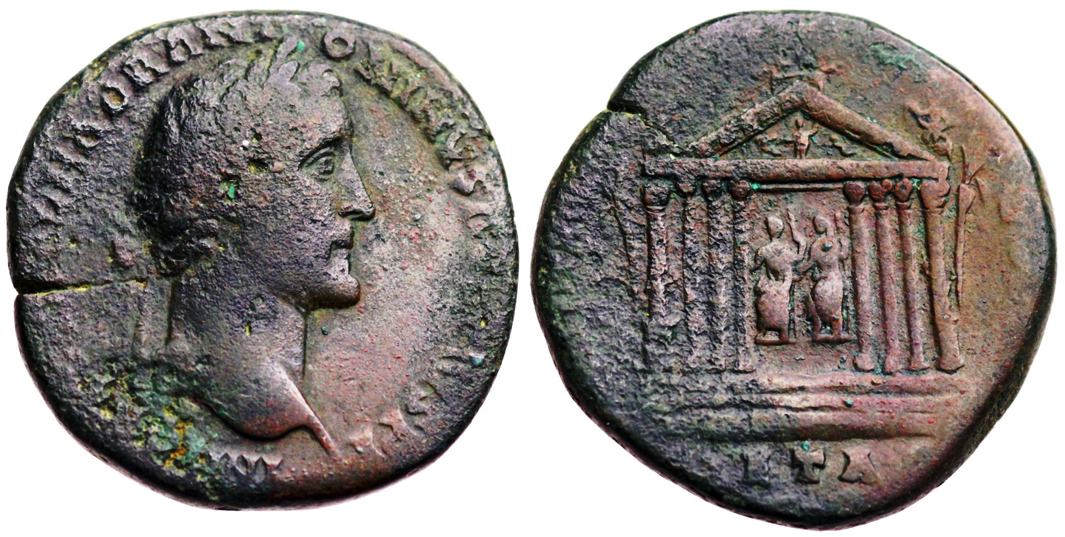 Antoninus Pius sestertius with temple of Divus Augustus and Livia