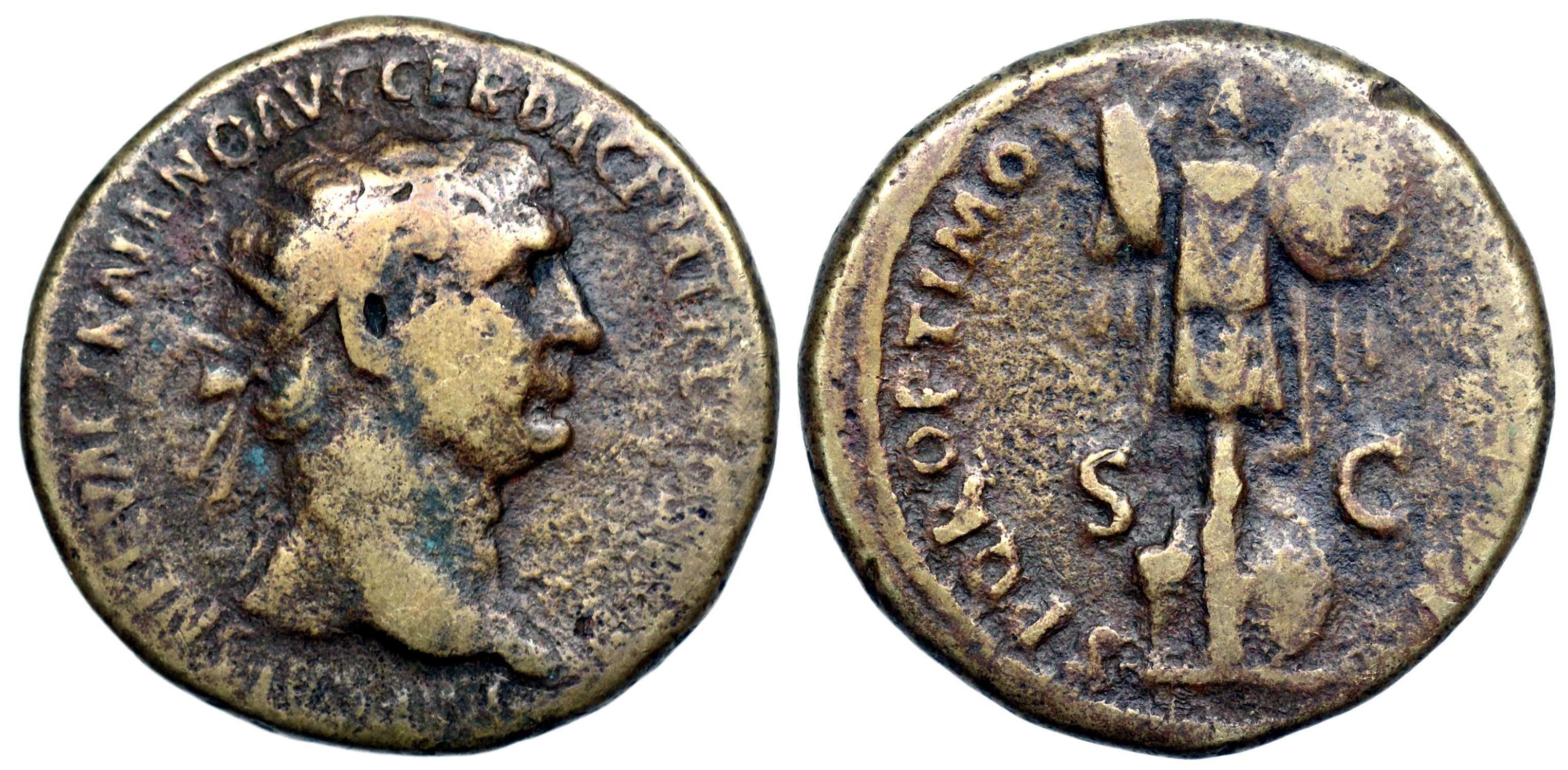 Trajan SPQR OPTIMO PRINCIPI; Trophy reverse from Rome | Roman Imperial ...