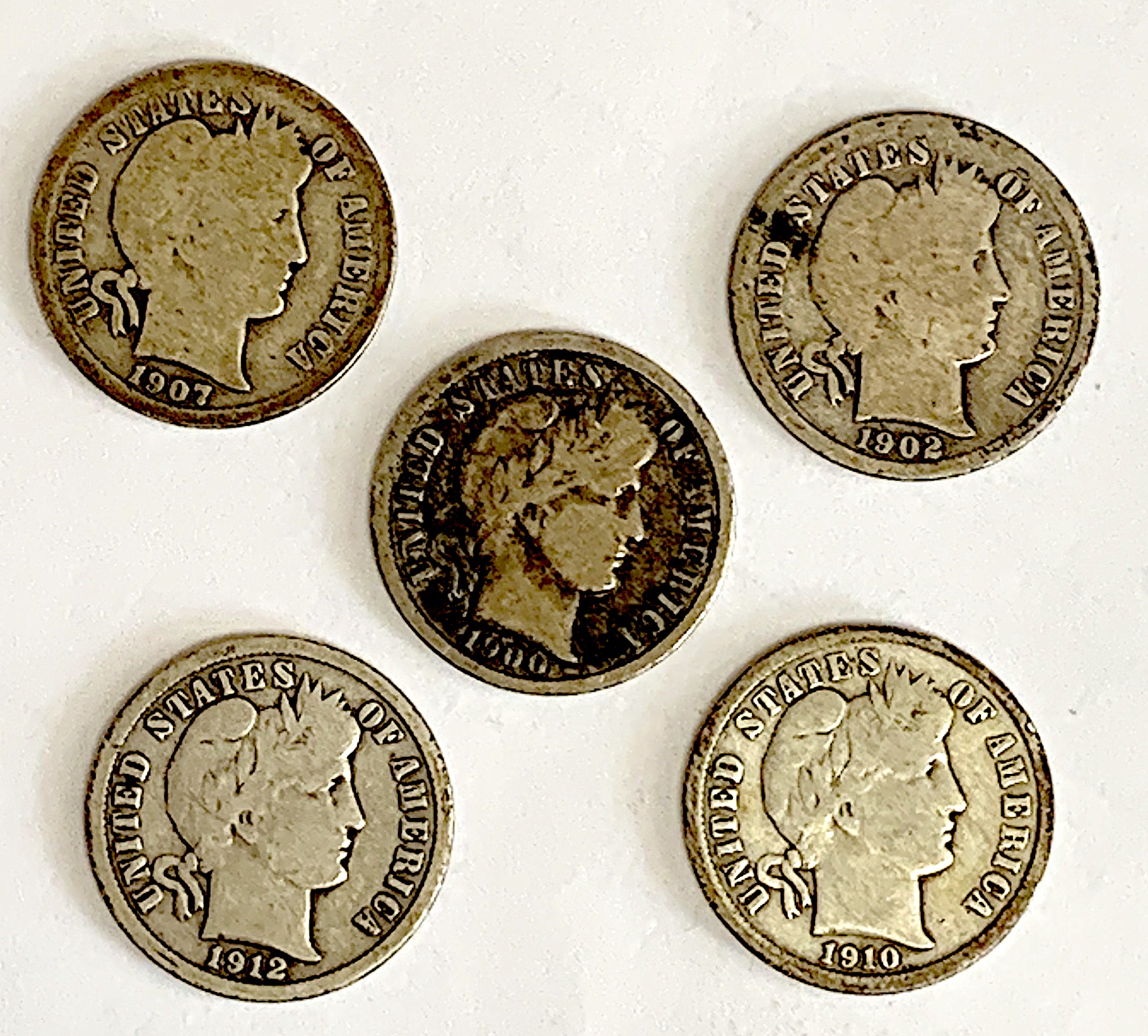 Group of five U.S. Barber Dimes | 10 Cents