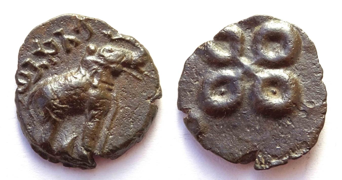 INDIA, SATAVAHANA: Yajna Satakarni elephant potin coin. Scarce and SUPERB.