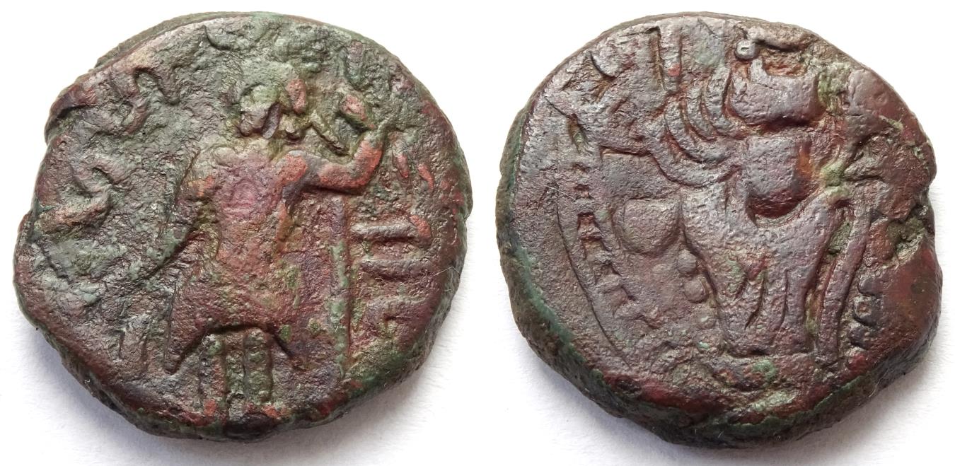 INDIA, HUNS: Mihirakula copper stater. Standing king type. Very Rare.