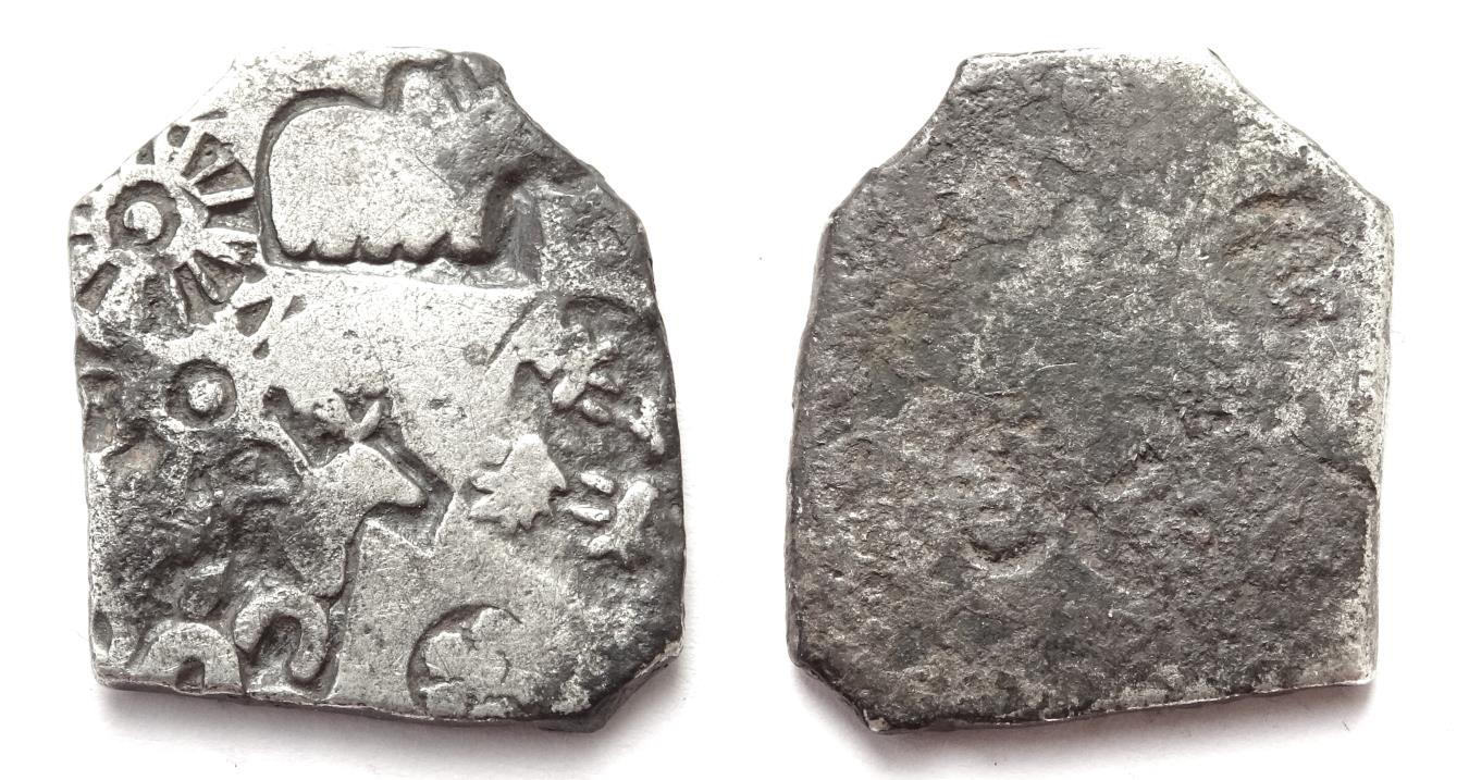 INDIA, MAURYA: Punchmarked silver karshapana with bull and fish. Series ...