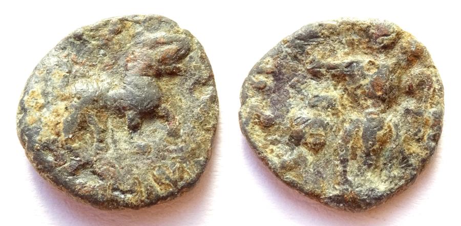 INDIA, INDO-SCYTHIAN: Azes lead coin with lion & goddess. Very Rare.