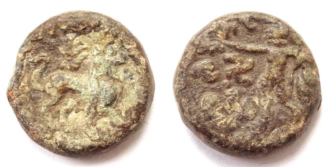 INDIA, INDO-SCYTHIANS: Rajuvula heavy lead coin with swastika. Rare.