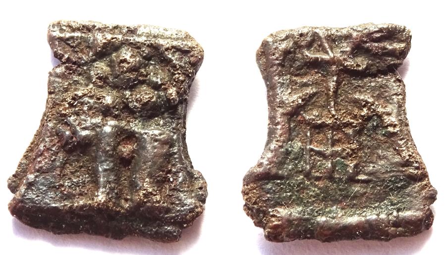 INDIA, KAUSAMBI: Damaru-shaped copper coin with Lakshmi. Very Rare.