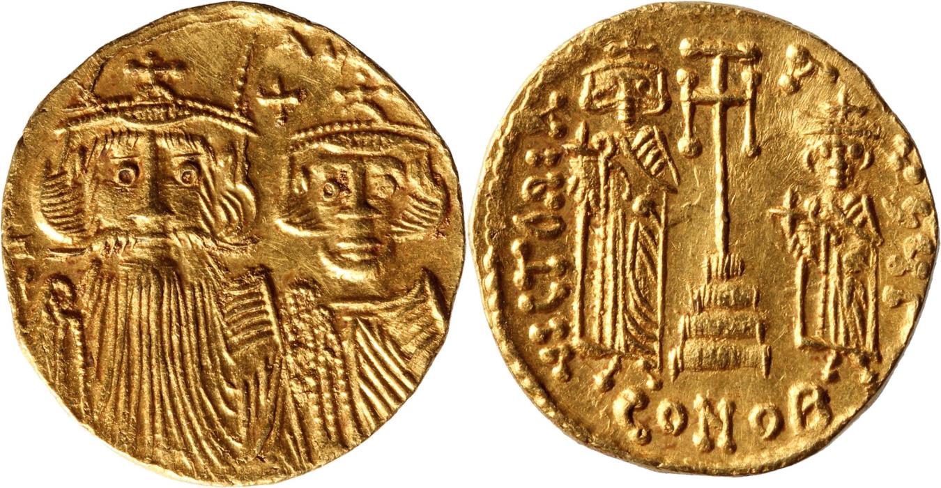 Byzantine, Constans II, with Constantine IV, Heraclius, and Tiberius, 641-668. Solidus